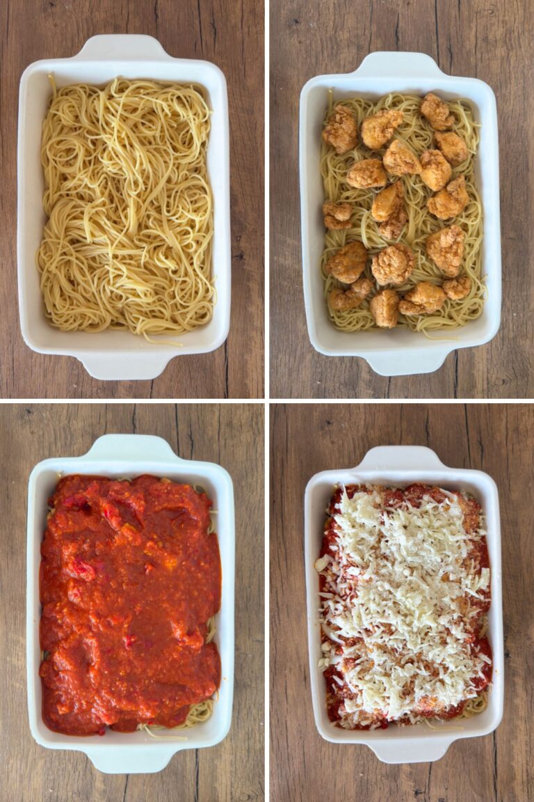 Easy Chicken Nugget Spaghetti Bake with Red Peppers - House On Austin
